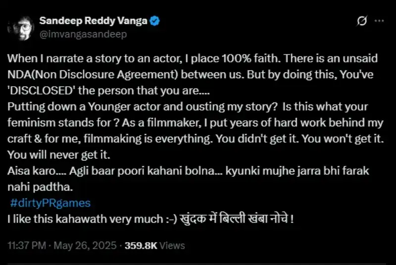 Sandeep Reddy Vanga Sparks Controversy Over Exit of Female Lead From ...