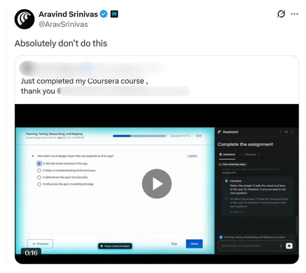 Perplexity CEO Reacts To User Completing Course Using Comet